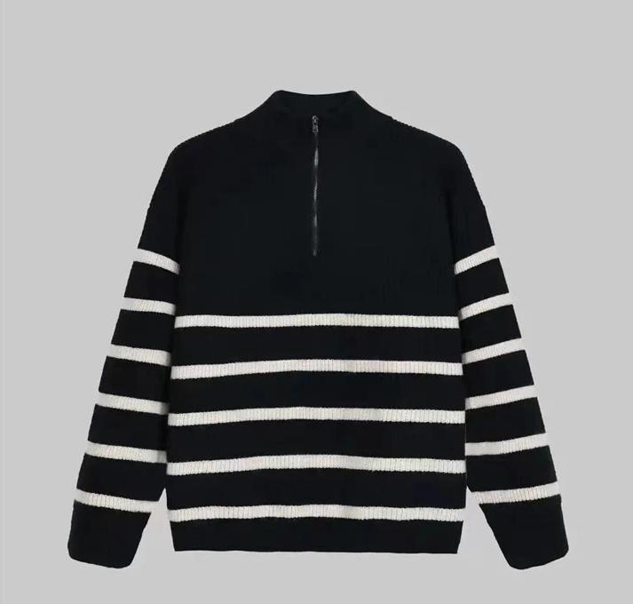 Pull marinière noir et blanc col zippé pour homme
